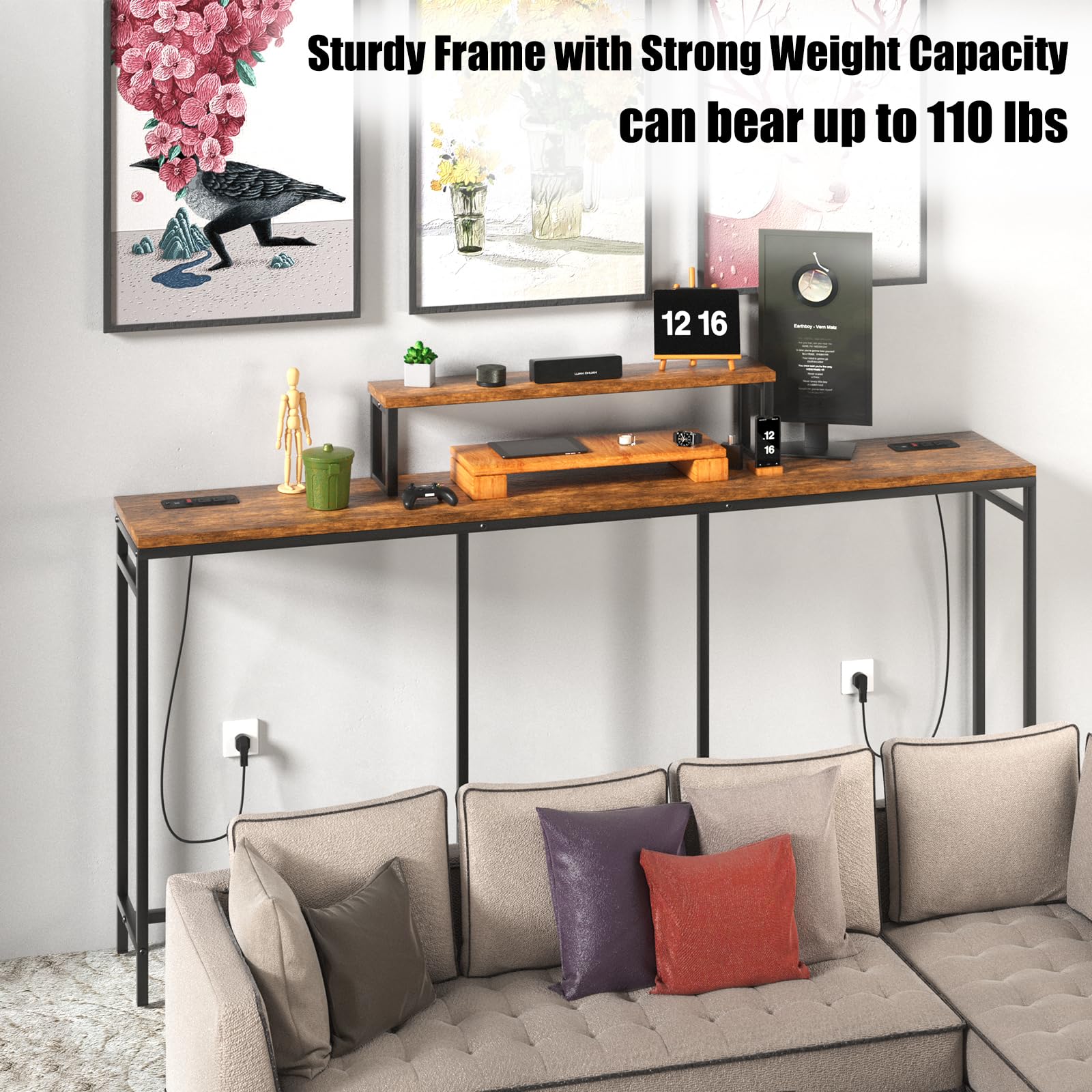 DDJ Console Table with Outlets, 11.8" D x 70.8" W x 32.6" H Behind Couch Table Skinny, Entryway Table with a Small Table, Long Sofa Table, Hallway Table