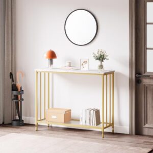 ihex console table, narrow entryway table with glass shelf and metal frame, 33.5" industrial hallway table for living room bedroom foyer, gold