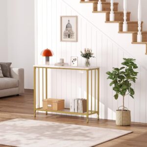 IHEX Console Table, Narrow Entryway Table with Glass Shelf and Metal Frame, 33.5" Industrial Hallway Table for Living Room Bedroom Foyer, Gold