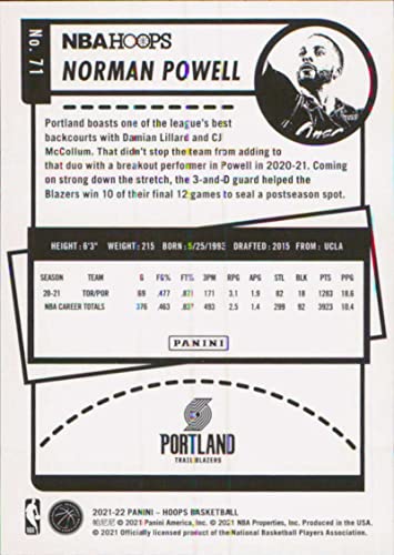 2021-22 NBA Hoops #71 Norman Powell Portland Trail Blazers Official Panini Basketball Card (Stock Photo Shown, card is straight from Pack and Box in Raw Ungraded Condition)