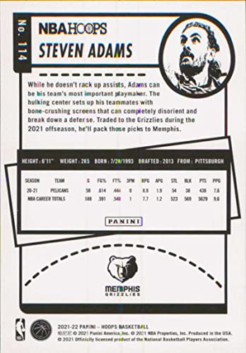 2021-22 NBA Hoops #114 Steven Adams Memphis Grizzlies Official Panini Basketball Card (Stock Photo Shown, card is straight from Pack and Box in Raw Ungraded Condition)