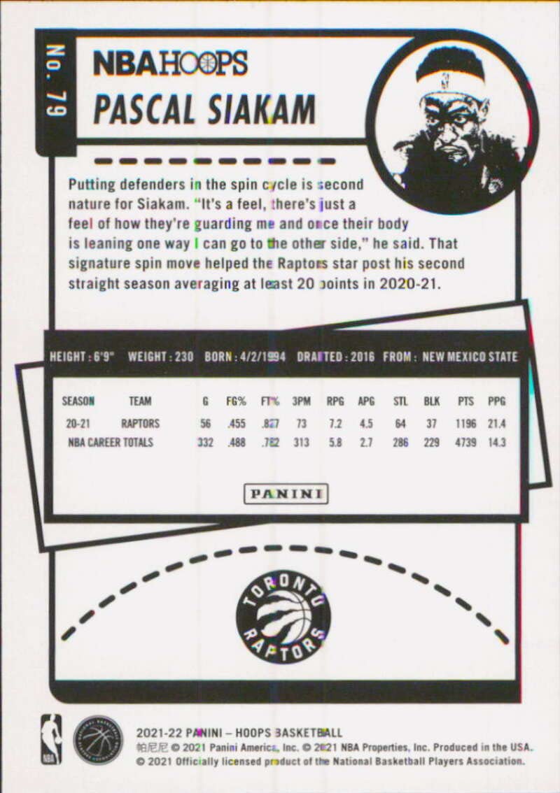 2021-22 NBA Hoops #79 Pascal Siakam Toronto Raptors Official Panini Basketball Card (Stock Photo Shown, card is straight from Pack and Box in Raw Ungraded Condition)