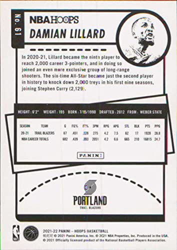 2021-22 NBA Hoops #61 Damian Lillard Portland Trail Blazers Official Panini Basketball Card (Stock Photo Shown, card is straight from Pack and Box in Raw Ungraded Condition)