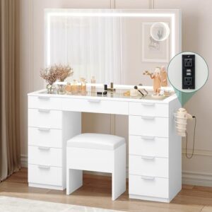 yitahome vanity desk set with large led lighted mirror & power outlet, glass top vanity with 11 drawers and magnifying glass, 46'' large makeup vanity with storage bench, white vanity for bedroom