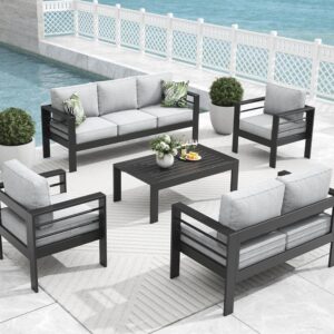 Vakollia 5 Pieces Modern Aluminum Patio Furniture Set, Outdoor Conversation Sets Metal Sectional Sofa with Coffee Table