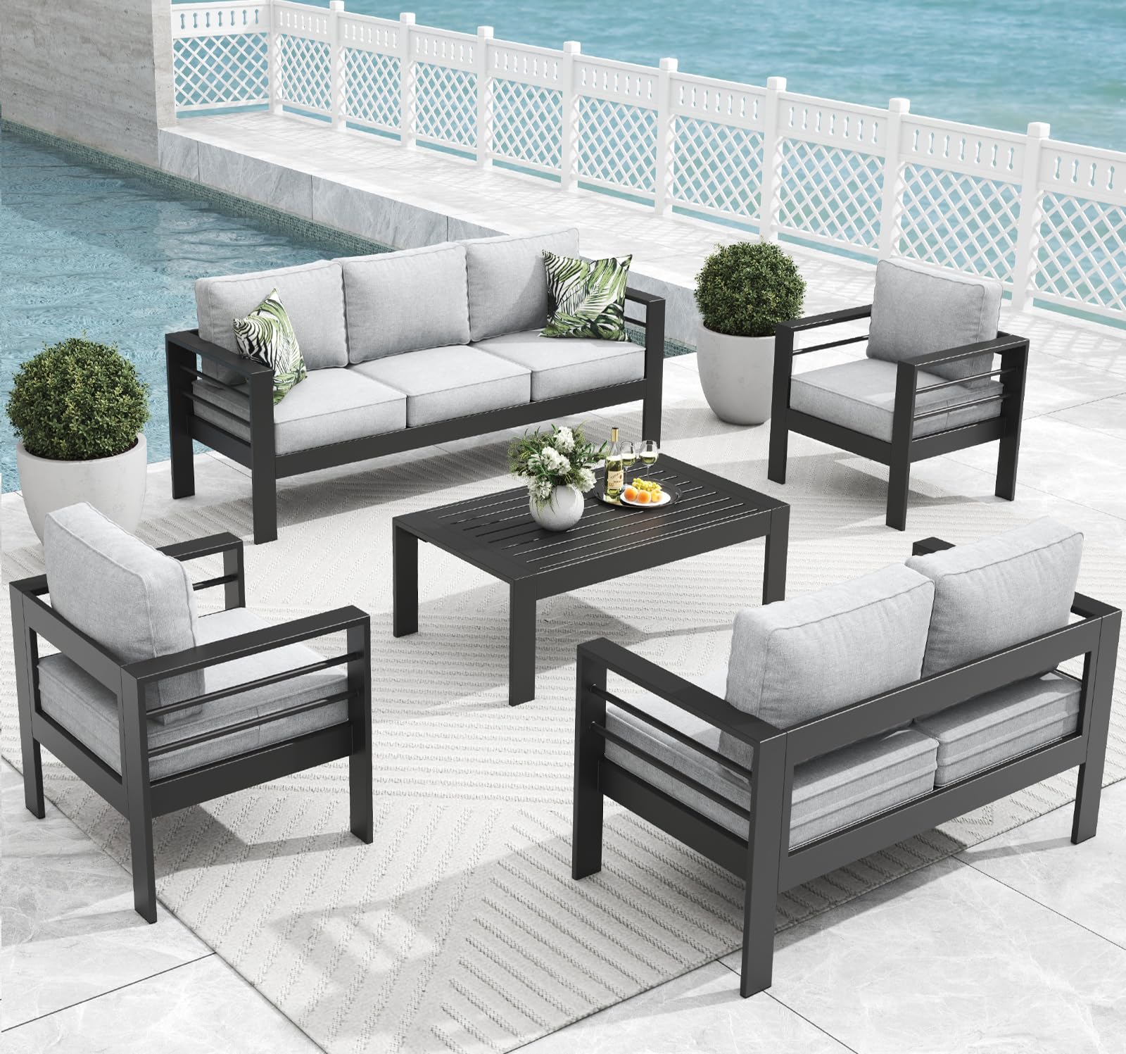 Vakollia 5 Pieces Modern Aluminum Patio Furniture Set, Outdoor Conversation Sets Metal Sectional Sofa with Coffee Table