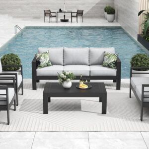 Vakollia 5 Pieces Modern Aluminum Patio Furniture Set, Outdoor Conversation Sets Metal Sectional Sofa with Coffee Table