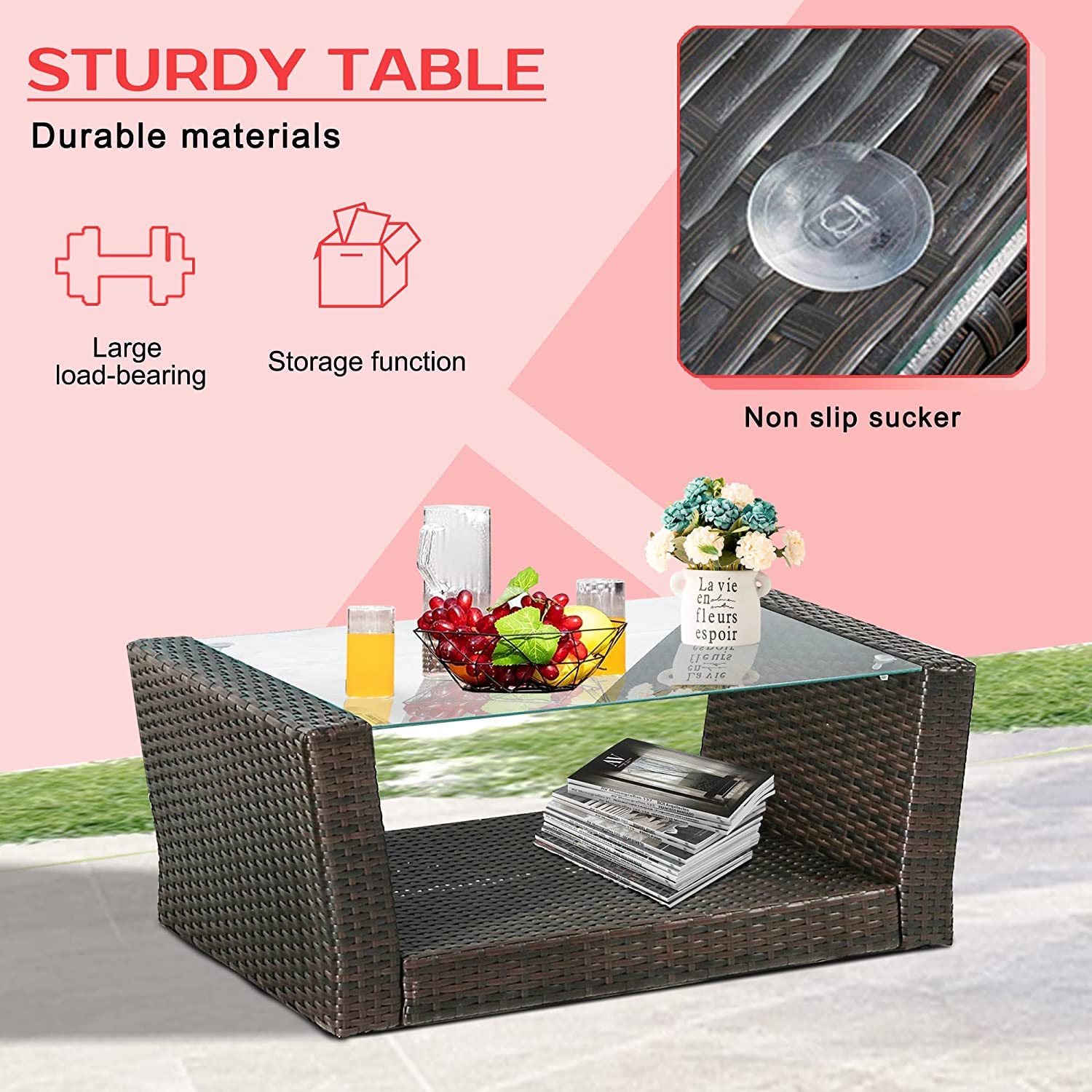 4 Pieces Patio Conversation Set, Outdoor PE Rattan Wicker Sofa Furniture Set with Soft Cushions and Glass Coffee Table for Backyard Lawn Garden Balcony Porch Poolside,Red