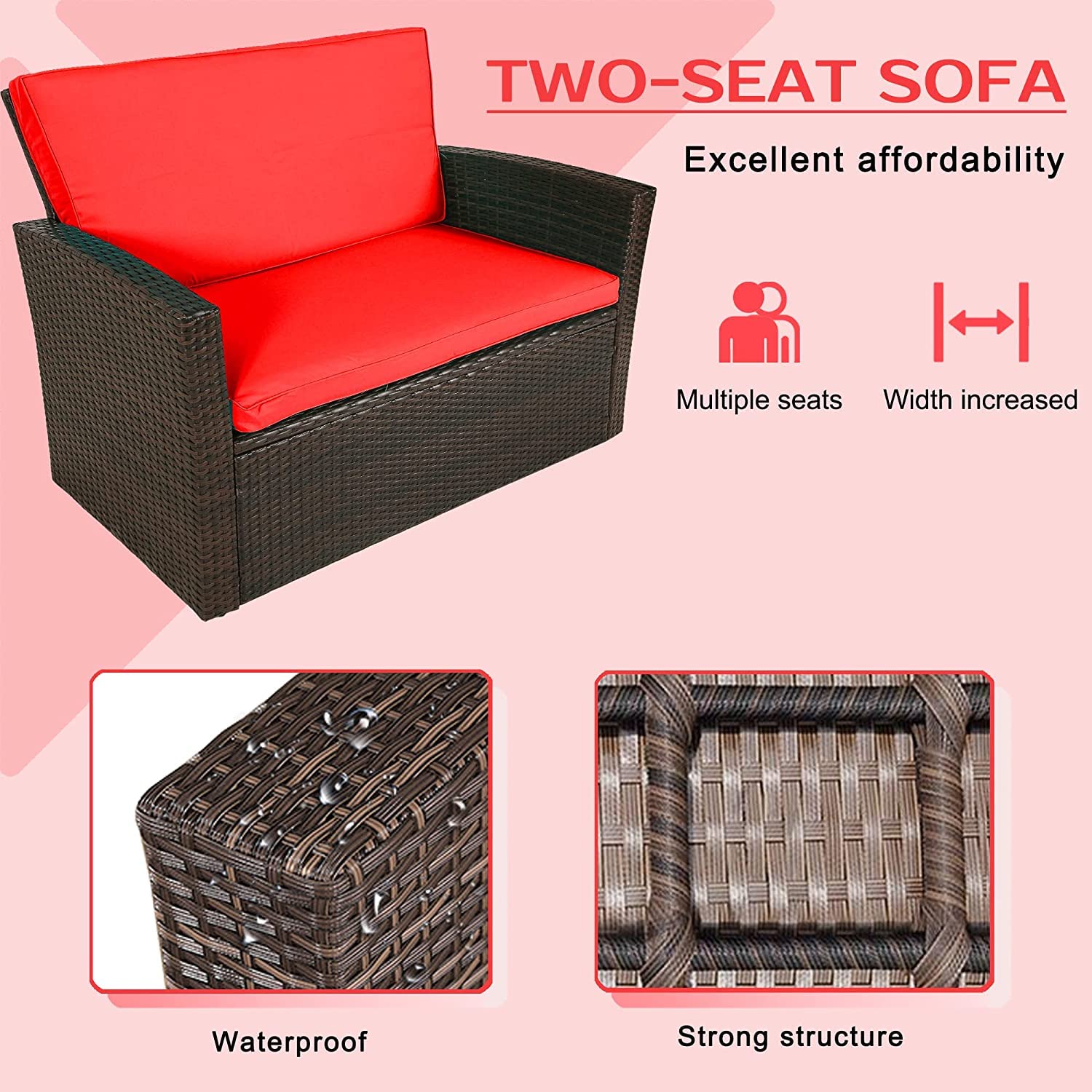 4 Pieces Patio Conversation Set, Outdoor PE Rattan Wicker Sofa Furniture Set with Soft Cushions and Glass Coffee Table for Backyard Lawn Garden Balcony Porch Poolside,Red