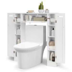 tangkula over the toilet storage cabinet, bathroom space saver w/adjustable shelves & paper holder, freestanding above toilet organizer w/ 2 side & pull-down door for bathroom storage (white)