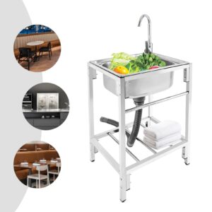 Free Standing 202 Stainless-Steel Single Bowl Commercial Restaurant Kitchen Sink Set Single Basin Kitchen Sink w/Cold and Hot Water Pipe (19.6"x15.7"x29.5)