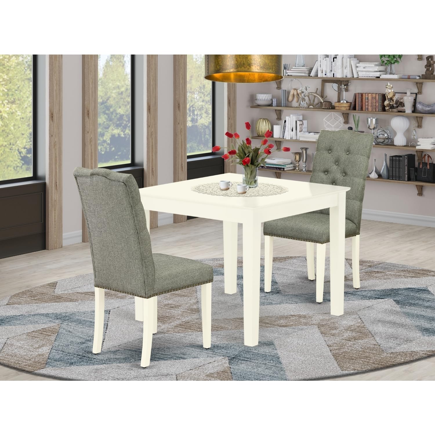 HomeStock Vintage Variety 3-Pc Dining Kitchen Table Set Included A Rectangular Kitchen Table & 2 Parsons Chairs, Smoke Linen Fabric Kitchen Parson Chair Seat with Rubber Wood Legs, Linen White Finish