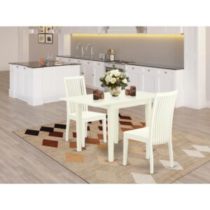 homestock eclectic exclusivity 3pc kitchen set consists of a wood dining table and 2 dining room chair with solid wood seat and slat back, linen white finish