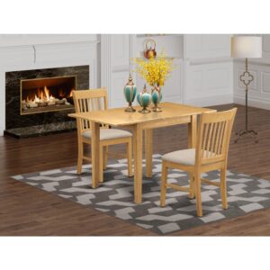 homestock african adventure 3pc dining set contains a small dining table and 2 kitchen chairs with linen fabic seat, oak finish