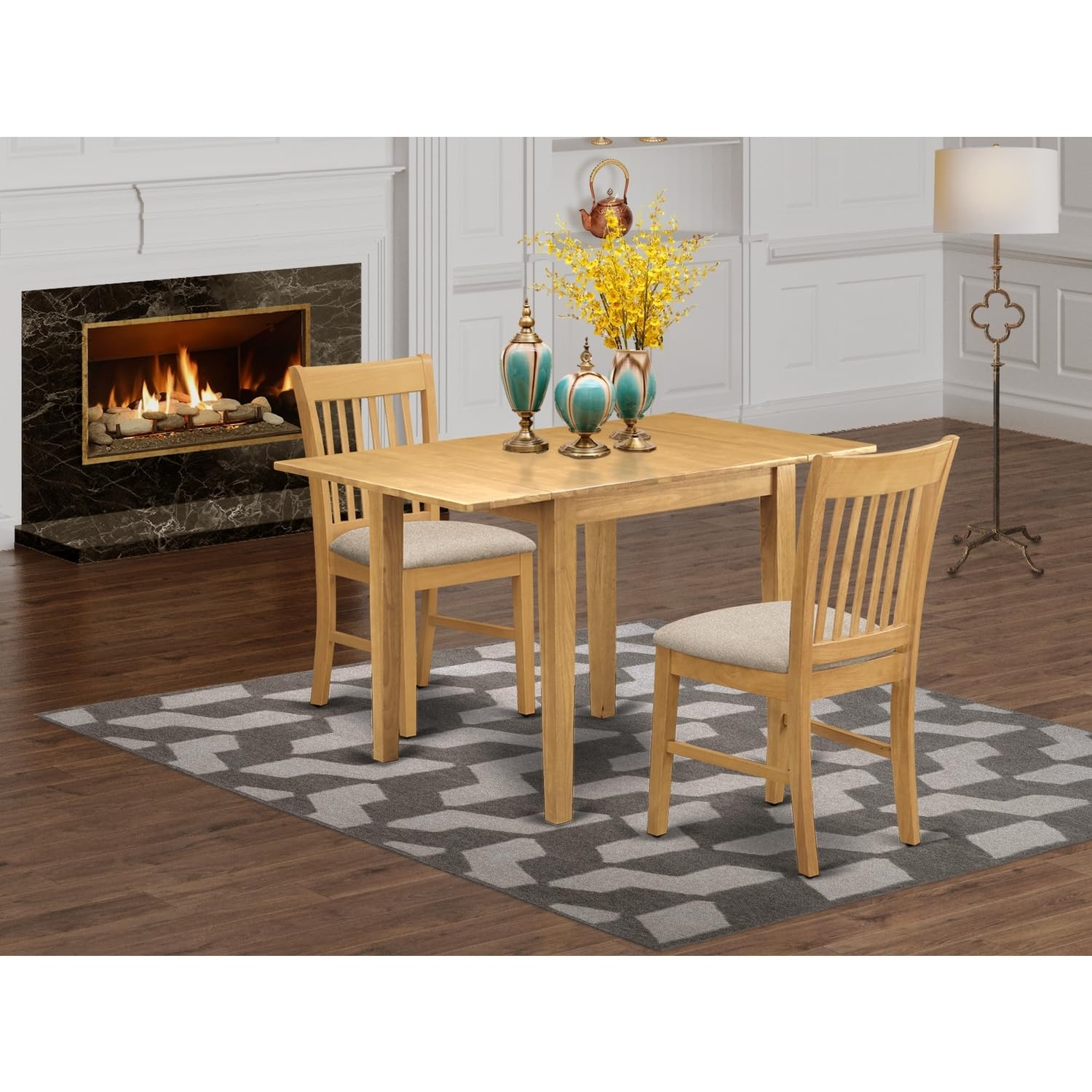 HomeStock African Adventure 3Pc Dining Set Contains A Small Dining Table and 2 Kitchen Chairs with Linen Fabic Seat, Oak Finish