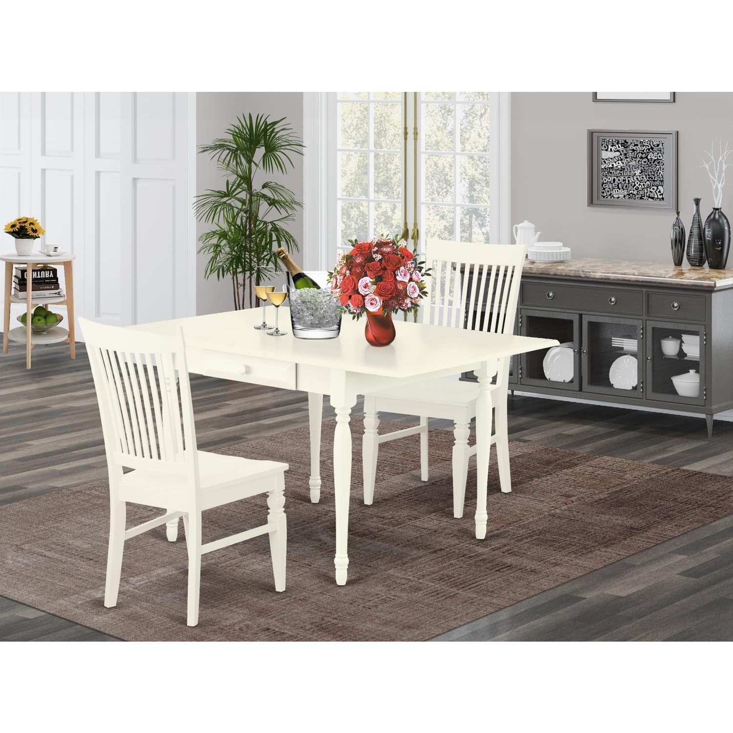 HomeStock City Chic 3 Pieces Wooden Dining Table Set - Heavy Duty Drop Leaf Solid Wood Modern Dining Table and 2 Wooden Seat Kitchen Chairs, Linen White Finish