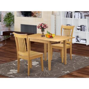 homestock retro renaissance 3pc wood dining table set consists of a kitchen table and 2 dinette chairs with solid wood seat and slat back, oak finish