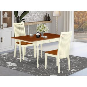 homestock beachy boho 3 pc modern dining table set - durable two 9-inch drop down leaves wooden dining room table and 2 wooden seat kitchen dining chairs, buttermilk and cherry finish