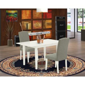 homestock french flair 3-pc kitchen dinette set - 2 kitchen chairs with high back and upholstered seat and butterfly leaf modern rectangle dining table and 4 legs - linen white finish