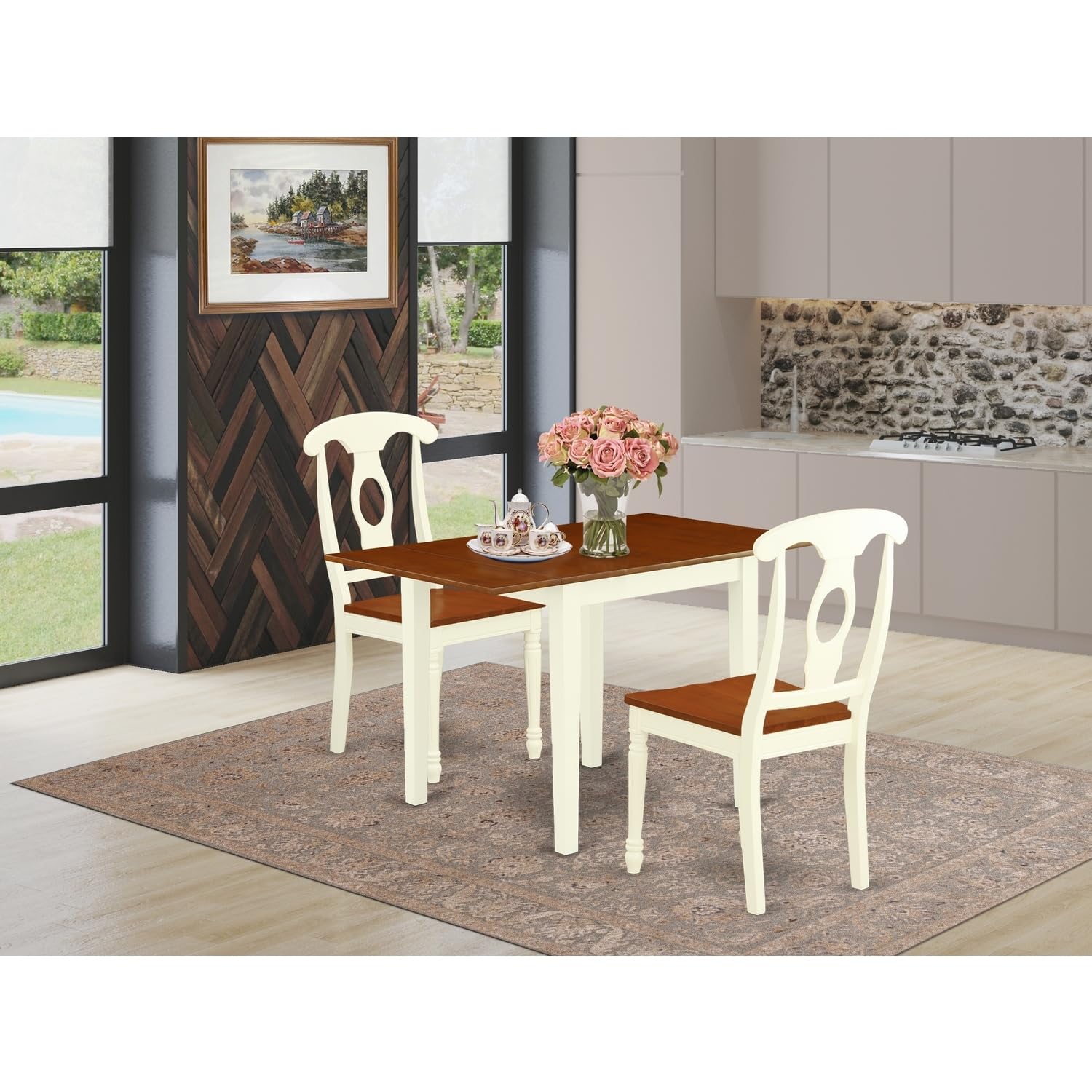 HomeStock Lakeside Living 3Pc Modern Dining Table Set Consists of A Dining Table and 2 Kitchen Chairs with Hard Wood Seat and Napoleon Back, Buttermilk and Cherry Finish