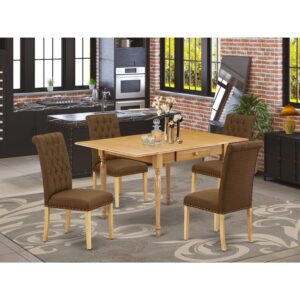 homestock african artistry 5pc kitchen set for 4 includes a small dining table and 4 parsons chairs with dark coffee color linen fabric, drop leaf table with full back chairs, oak finish