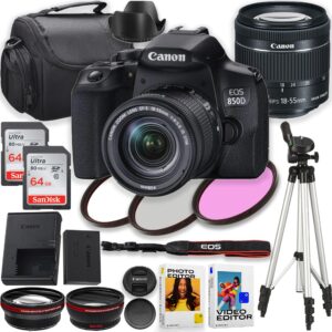 canon eos rebel 850d / t8i dslr camera w/ef-s 18-55mm lens + 2pc 64gb memory card + tripod + photo and video editor & more (renewed)