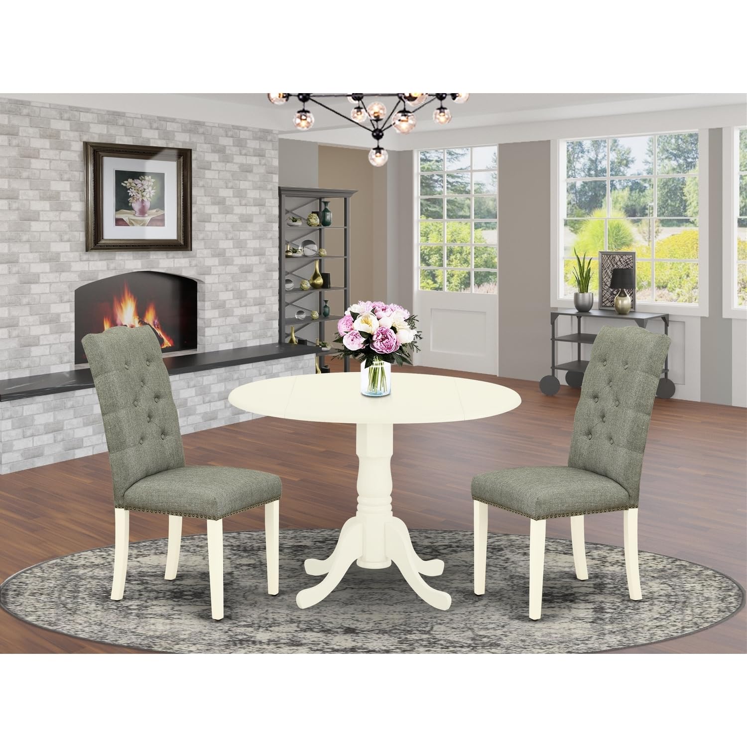 HomeStock Rustic Retreat 3-Pc Wood Dining Table Set Included A Round Kitchen Table & 2 Parsons Chairs, Smoke Color Linen Fabric Parson Chairs Seat with Rubber Wood Legs, Linen White Finish