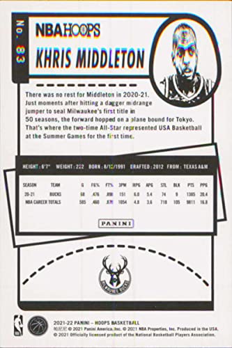 2021-22 NBA Hoops #83 Khris Middleton Milwaukee Bucks Official Panini Basketball Card (Stock Photo Shown, card is straight from Pack and Box in Raw Ungraded Condition)