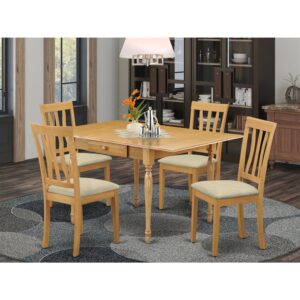 homestock city sleek 5pc kitchen set for 4 consists of a wood dining table and 4 wood dining chairs with linen fabic seat, drop leaf table with slat back chairs, oak finish