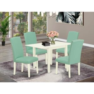 homestock old world opulence modern dining table set 5 pcs - 4 kitchen chairs and a dining table - linen white finish hardwood - pond color pu leather