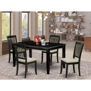 homestock country cottage 5pc dining set includes a rectangle dining table and four vertical slatted linen seat kitchen chairs, black finish