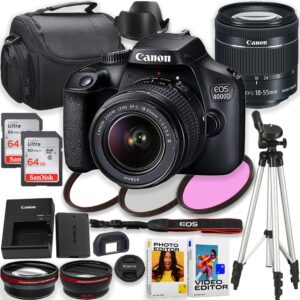 canon eos rebel 4000d / t100 dslr camera w/canon ef-s 18-55mm lens + 2pc 64gb memory card + tripod + photo and video editor & more (renewed)