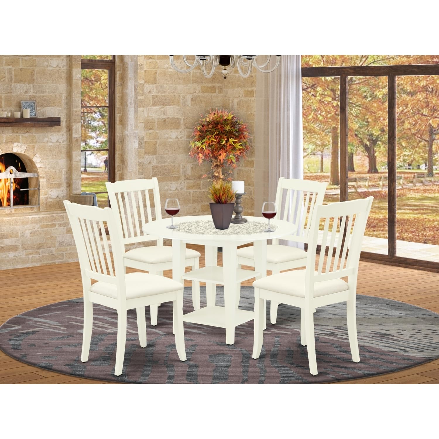 HomeStock Southwestern Sensibilities 5Pc Dining Set Includes A Round Dining Table with Drop Leaves and Four Vertical Slatted Linen Seat Kitchen Chairs, Linen White Finish