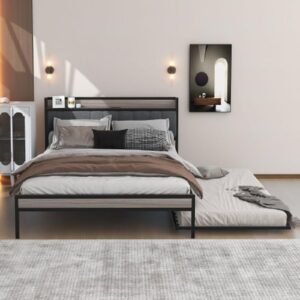 parga queen-size metal platform bed frame with twin-size trundle (white)