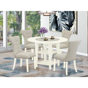 homestock artisanal artistry furniture suga5-lwh-35 5-piece round dining table set- 4 dining chairs and kitchen drops leaf dining table solid wood frame -high back & linen white finish