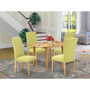 homestock country cottage dinette set 5 pcs - four kitchen chairs and a wood dining table - oak finish wood - limelight color linen fabric