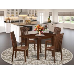 homestock renaissance romance 5pc dining table set contains a small kitchen table and 4 dinette chairs with rubberwood seat and slat back, mahogany finish