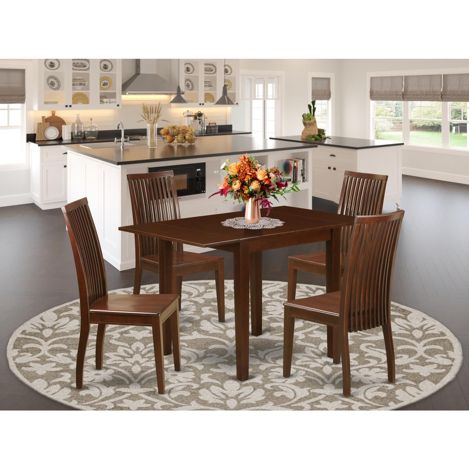 HomeStock Renaissance Romance 5Pc Dining Table Set Contains A Small Kitchen Table and 4 Dinette Chairs with Rubberwood Seat and Slat Back, Mahogany Finish