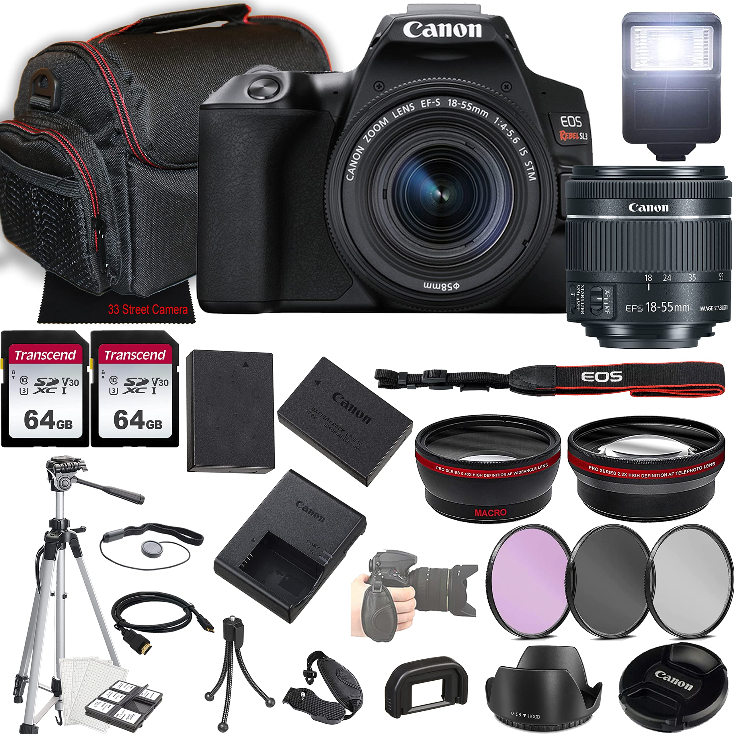 Canon EOS Rebel SL3 DSLR Camera w/EF-S 18-55mm F/4-5.6 Zoom is STM Lens + 2X 64GB Memory + Case + Filters + Tripod + More (35pc Bundle) (Renewed)