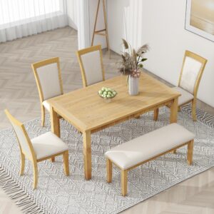 klmm rustic solid wood 6-piece dining table set with pu leather upholstered chairs and bench,for diningroom livingroom kitchen use (natural wood wash@pu leather)