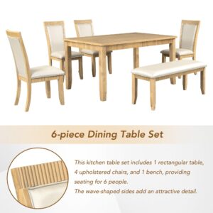 KLMM Rustic Solid Wood 6-Piece Dining Table Set with PU Leather Upholstered Chairs and Bench,for DiningRoom LivingRoom Kitchen Use (Natural Wood Wash@PU Leather)