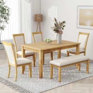 KLMM Rustic Solid Wood 6-Piece Dining Table Set with PU Leather Upholstered Chairs and Bench,for DiningRoom LivingRoom Kitchen Use (Natural Wood Wash@PU Leather)