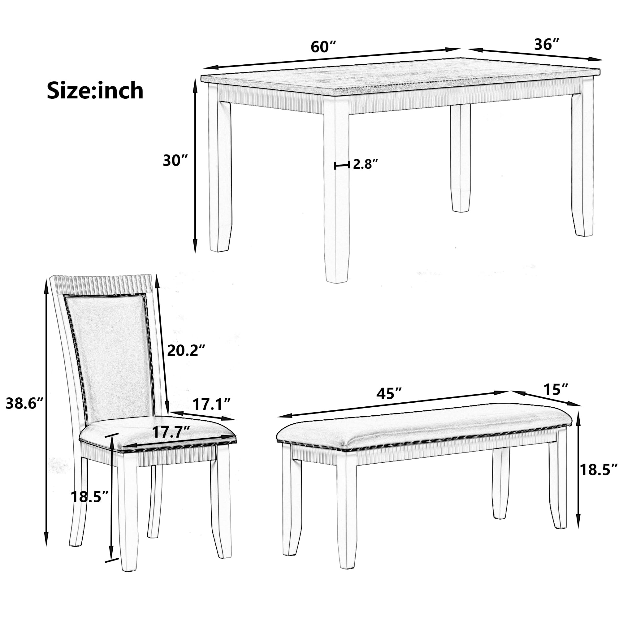 KLMM Rustic Solid Wood 6-Piece Dining Table Set with PU Leather Upholstered Chairs and Bench,for DiningRoom LivingRoom Kitchen Use (Natural Wood Wash@PU Leather)