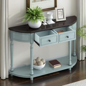 Tidyard Retro Circular Curved Design Console Table with Open Style Shelf Solid Wooden Frame and Legs Two Top Drawers Sofa and Couch End Table for Entryway, Foyer, Living Room, Bedroom Furniture