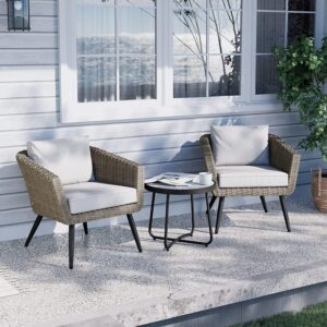 Grand patio 3-Piece Patio Bistro Set with Coffee Table & Gray Cushions Wicker Outdoor Conversation Chairs Sets with Heavy-Duty Anti-Rust Aluminum Frame for Balcony Yard