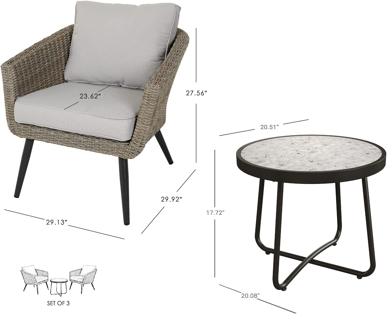 Grand patio 3-Piece Patio Bistro Set with Coffee Table & Gray Cushions Wicker Outdoor Conversation Chairs Sets with Heavy-Duty Anti-Rust Aluminum Frame for Balcony Yard