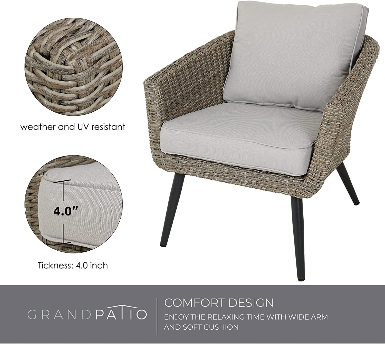 Grand patio 3-Piece Patio Bistro Set with Coffee Table & Gray Cushions Wicker Outdoor Conversation Chairs Sets with Heavy-Duty Anti-Rust Aluminum Frame for Balcony Yard