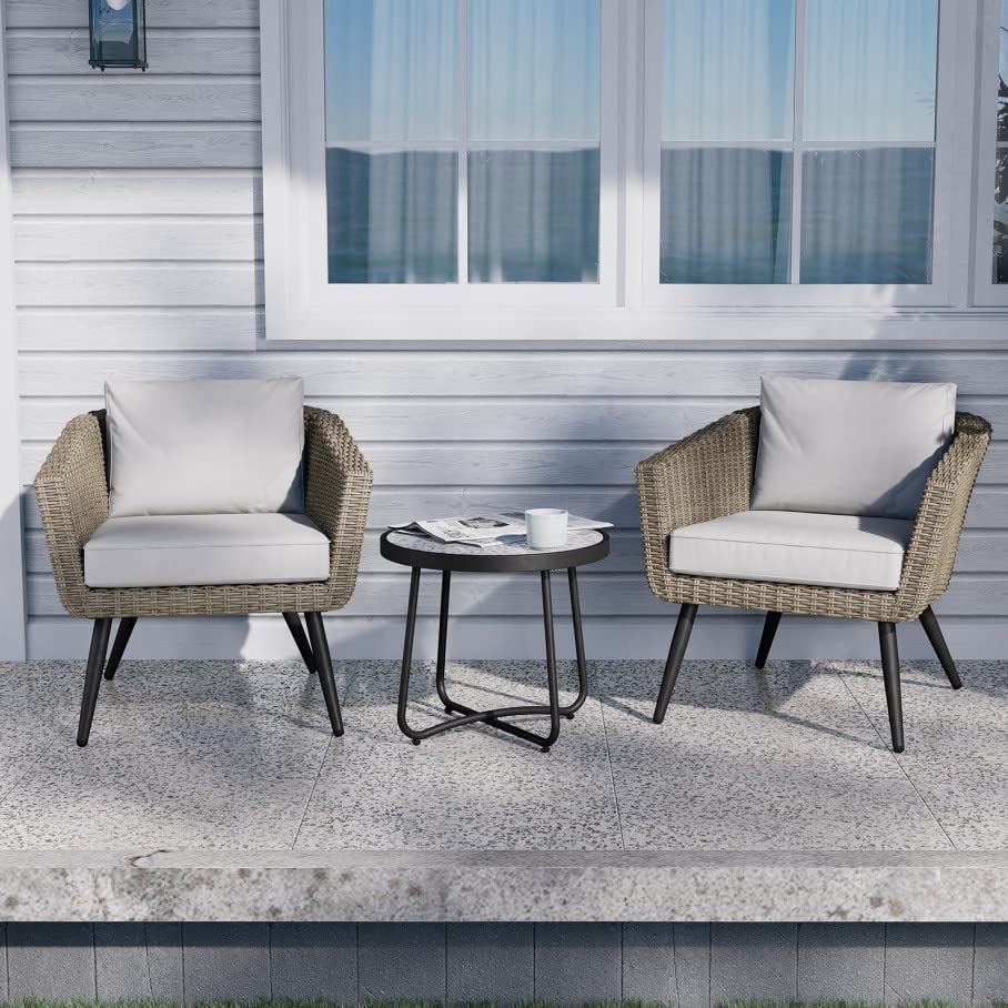 Grand patio 3-Piece Patio Bistro Set with Coffee Table & Gray Cushions Wicker Outdoor Conversation Chairs Sets with Heavy-Duty Anti-Rust Aluminum Frame for Balcony Yard