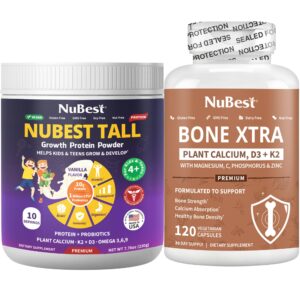 bundle vanilla protein powder for kids & teens - protein, multivitamin, omega 3-6-9, probiotic, calcium and bone xtra - bone strength 120 vegan capsules for optimal growth, bone health & bone strength