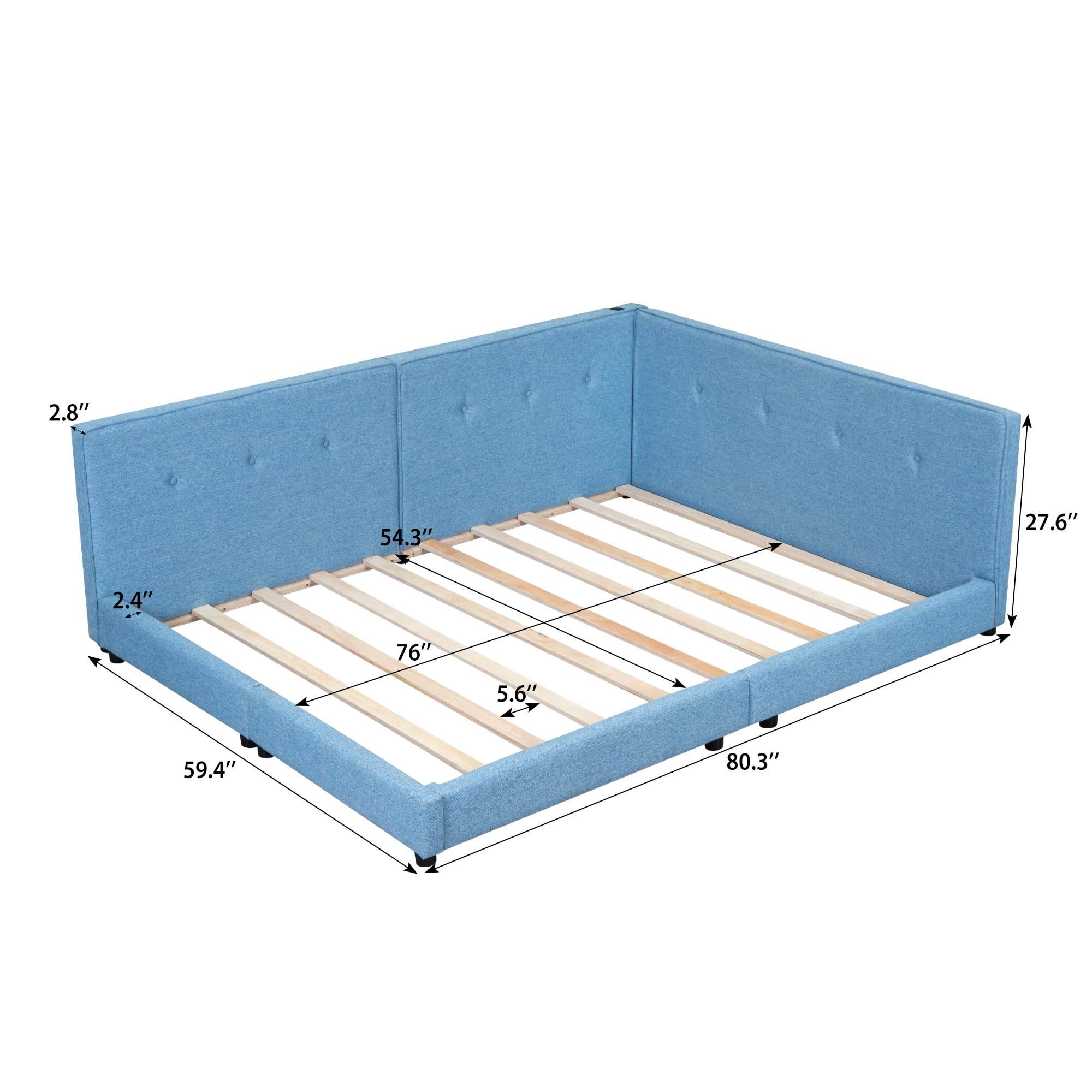 Modern Design Full Size Upholstered Daybed with USB Ports,Wood Fabric Corner Platform Bed Frame with Slat Support,Easy Assembly,No Box Spring Needed